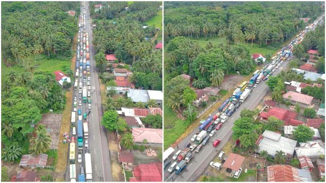 Aerial View of Vehicles Entering Butuan City Stuck in Long Traffic